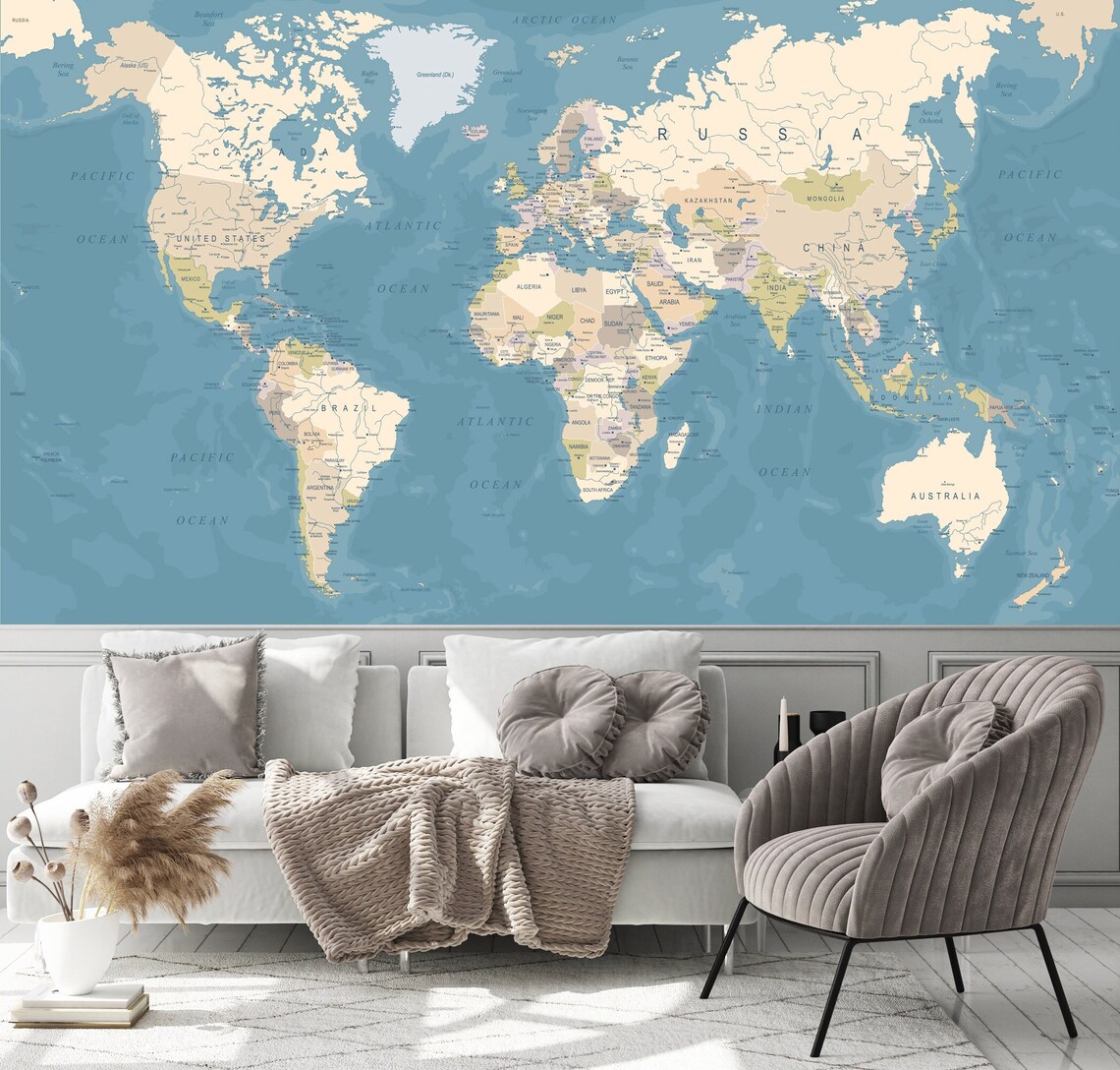 World Map Peel and Stick Wallpaper Blue Oceans Geography Wall - Etsy