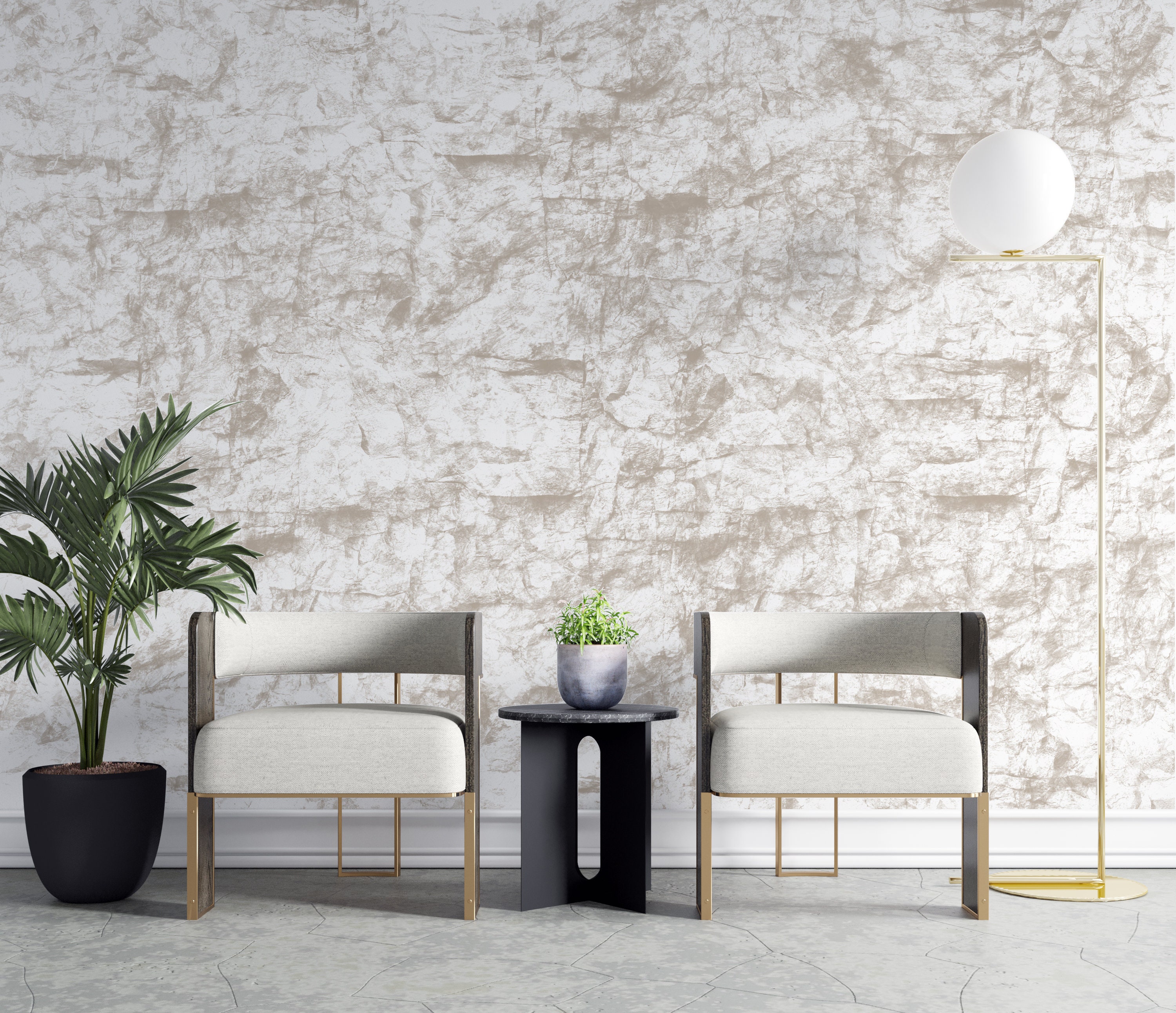 White Stone Wall Living Room