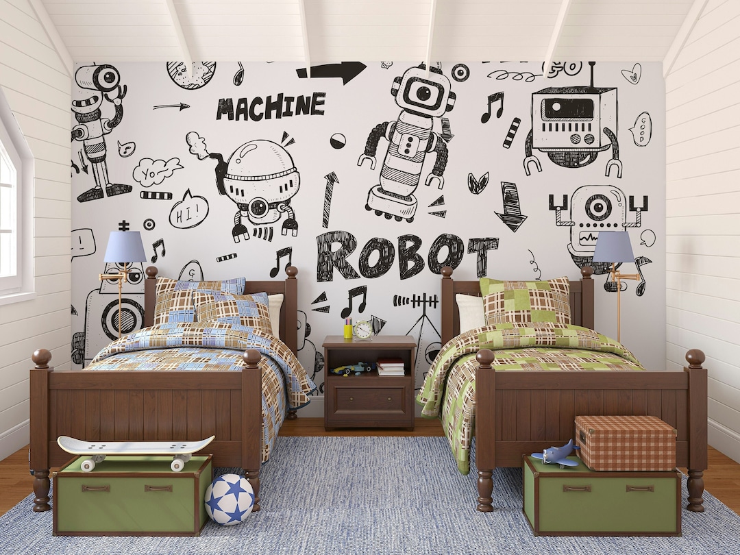 Black and White Robots Posts Funny Wallpaper Self Adhesive Peel and ...