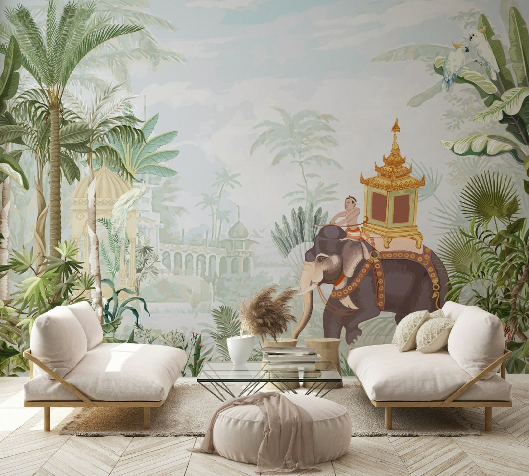 Indian Wallpaper Peel and Stick | Elephant Wall Mural | Tropical Plants ...