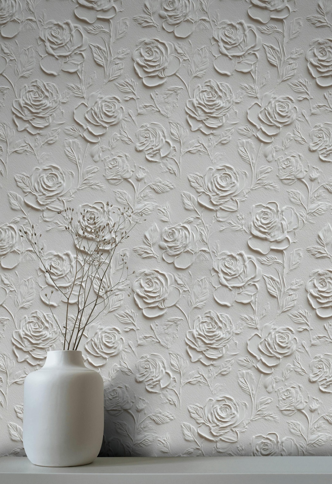 3D Floral Embossed Wallpaper White Rose Peel and Stick Wall Mural ...