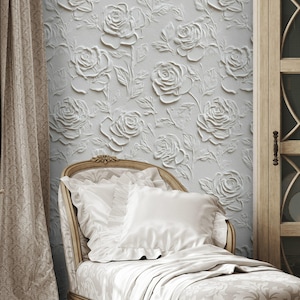 3D Floral Embossed Wallpaper White Rose Peel and Stick Wall Mural ...