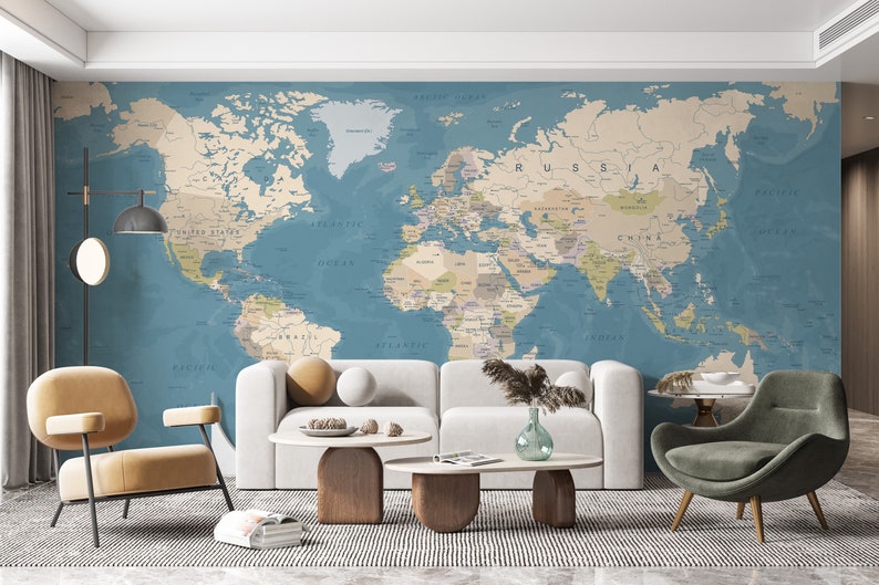 World Map Peel and Stick Wallpaper Blue Oceans Geography Wall - Etsy