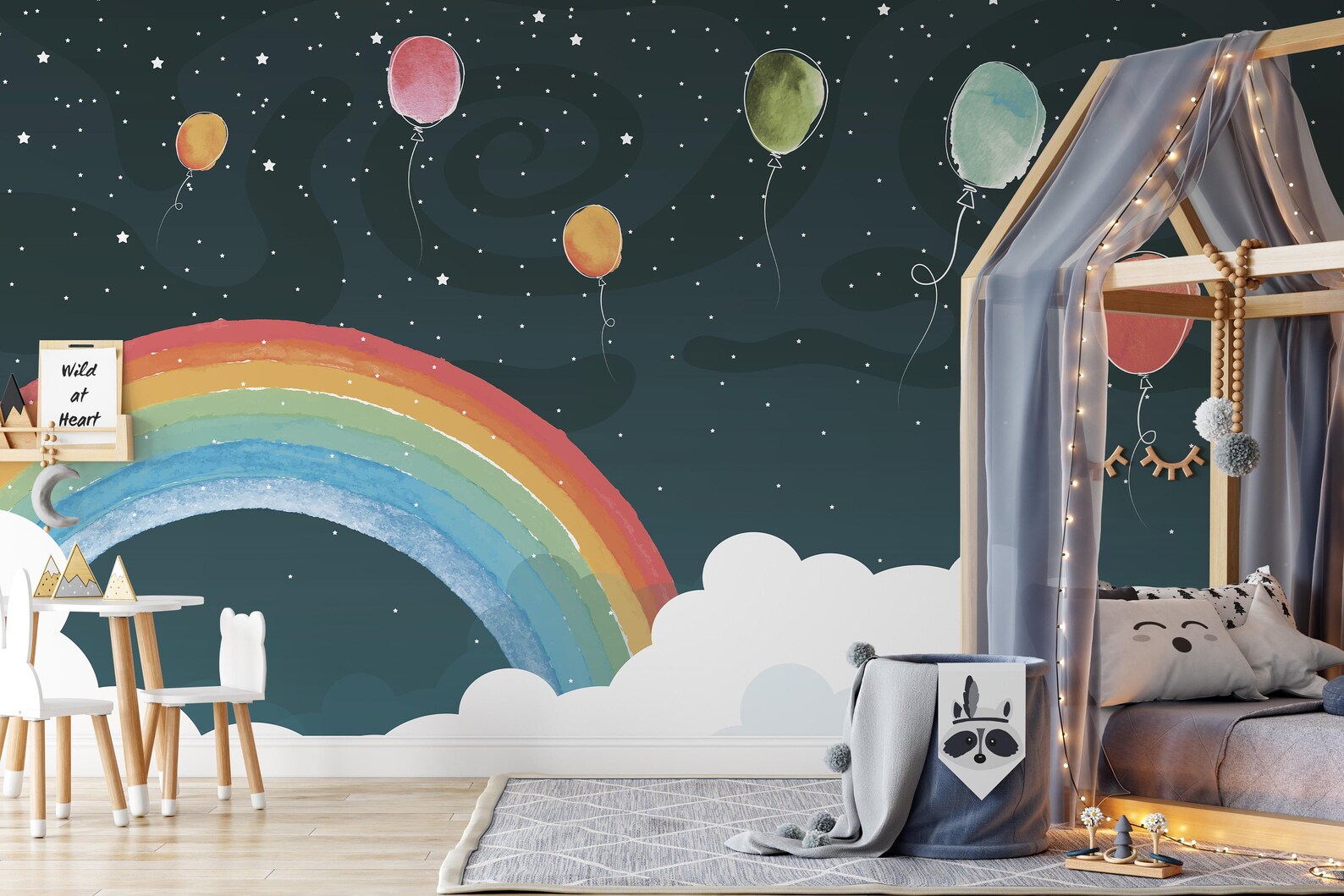 Rainbow on Clouds Stars in Midnight Sky Colorful Balloons - Etsy
