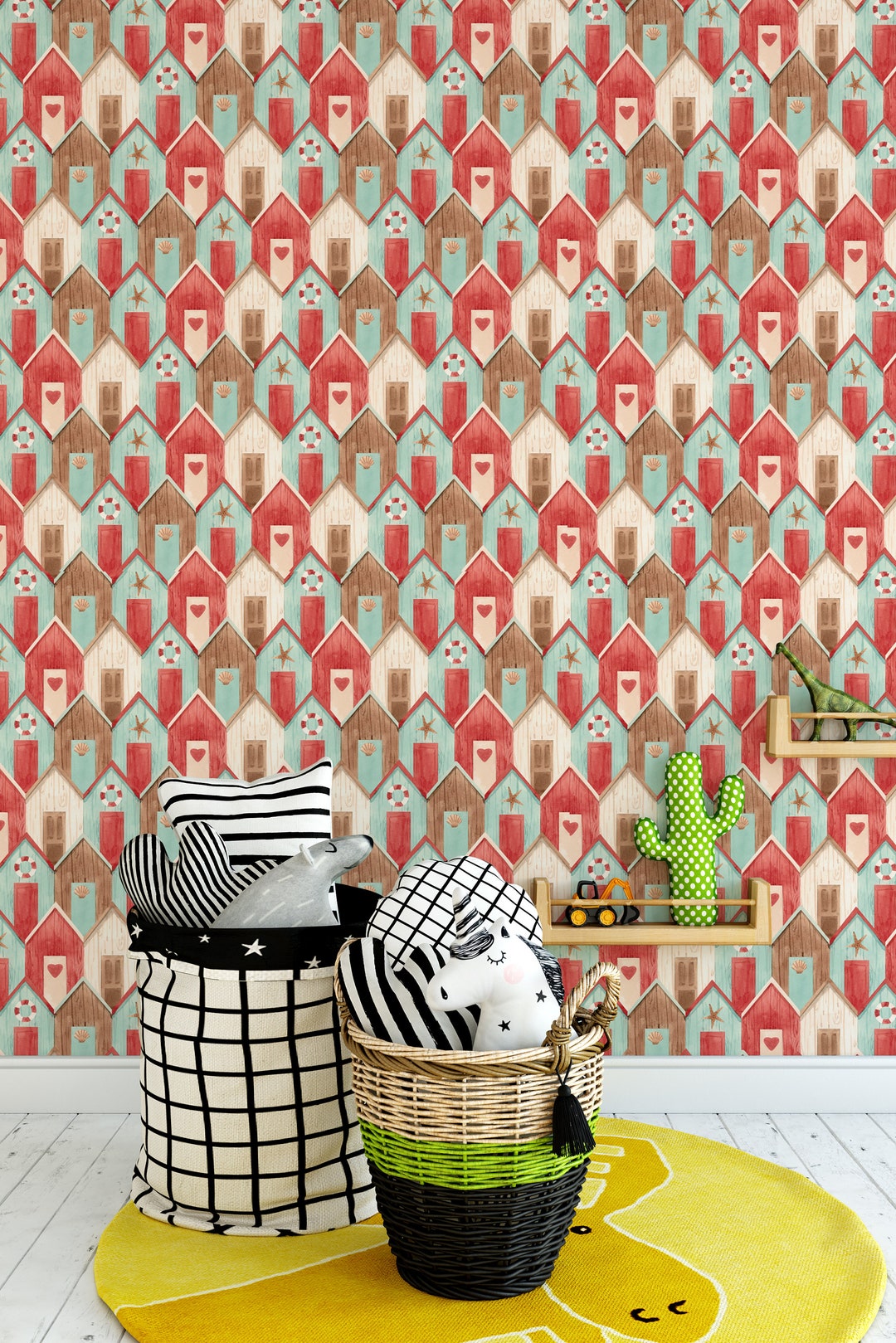 Colorful Retro House Wallpaper Red Blue Wall Decor Removable - Etsy