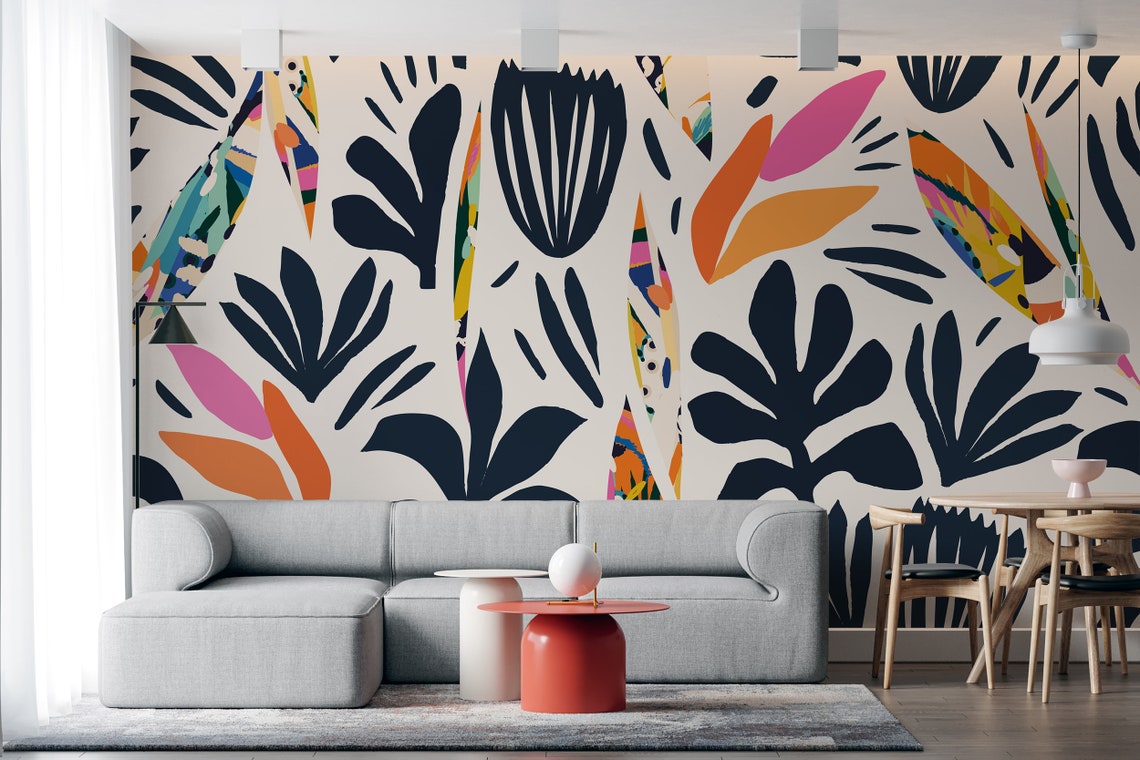 Exotic Abstract Organic Plants Wallpaper Colorful Design Wall - Etsy