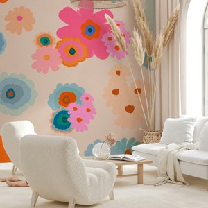 Daisy Flowers Wallpaper Colorful Floral Wall Art Beige Background Wall ...