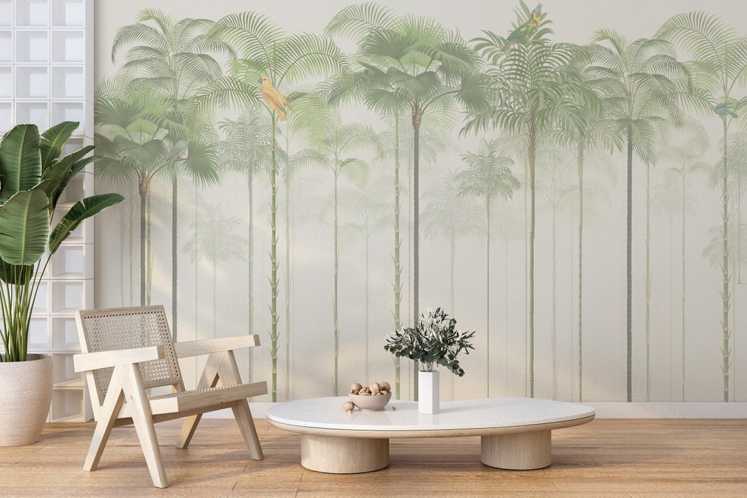 Tropical Forest Wallpaper Palm Tree Wall Art Colorful Wall - Etsy