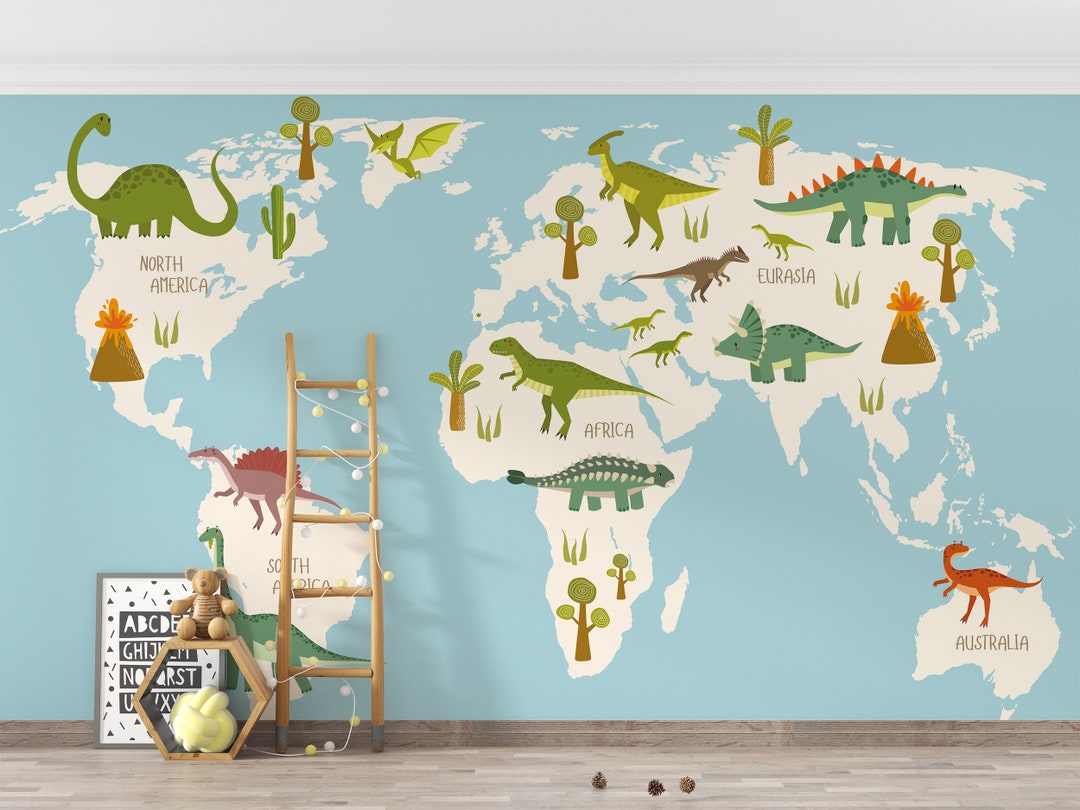 Kids World Map Wallpaper Dinosaur Peel and Stick Wall Mural ...