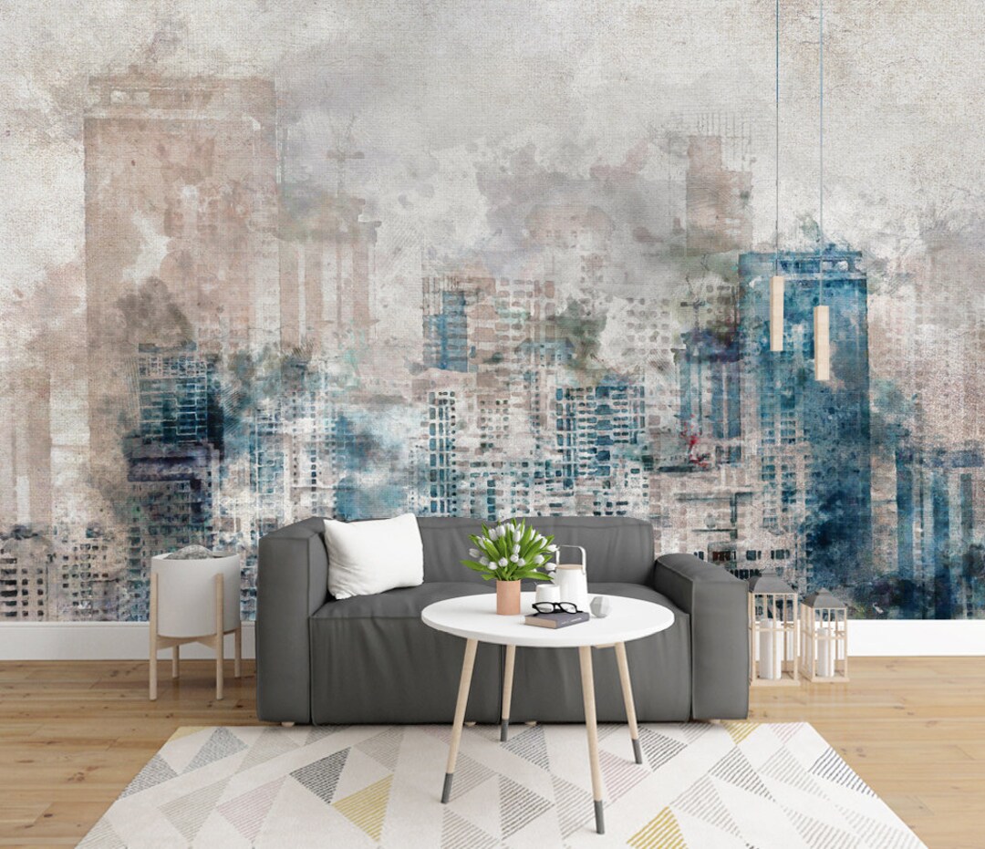 Watercolor Skyscraper City Modern Wallpaper Self Adhesive Peel and ...