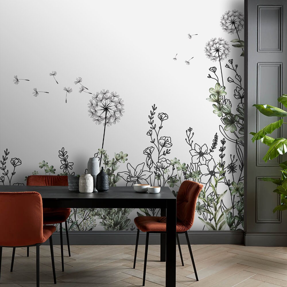 Hand Draw Abstract Garden Plants Flowers Wallpaper Self - Etsy