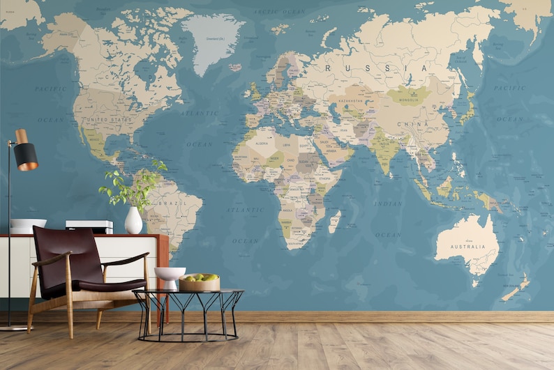 World Map Peel and Stick Wallpaper Blue Oceans Geography Wall - Etsy