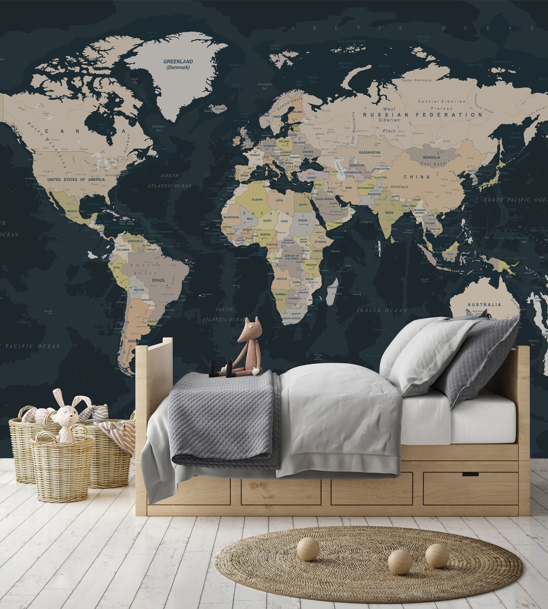 World Map on the Dark Blue Background Wallpaper Self Adhesive Peel and ...