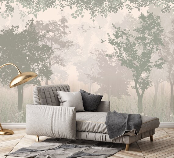 Tree Wallpaper in the Foggy Forest Peel and Stick Landscape - Etsy