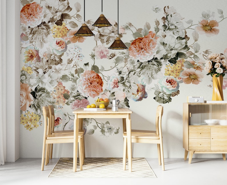 Colorful Roses and Flowers on Tree Branch Luxury Floral Wallpaper Self ...