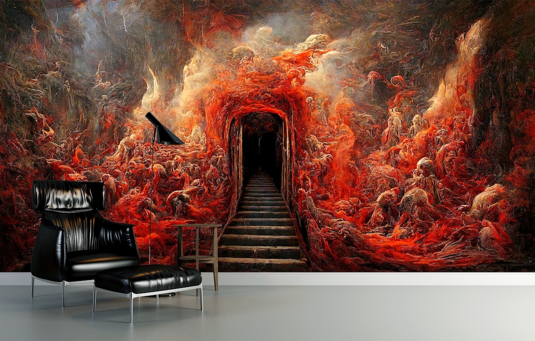Hell Caves Wallpaper Crimson Wall Mural Fire and Blood Peel and Stick ...