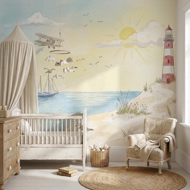 Lighthouse Wallpaper Coastal Scene for Nursery Bedroom - Etsy UK