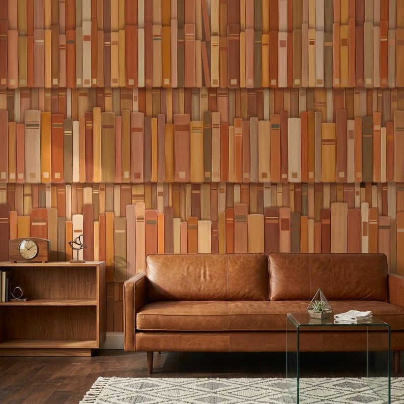 Bookshelf Wallpaper for Living Room With Warm Brown Tones - Etsy