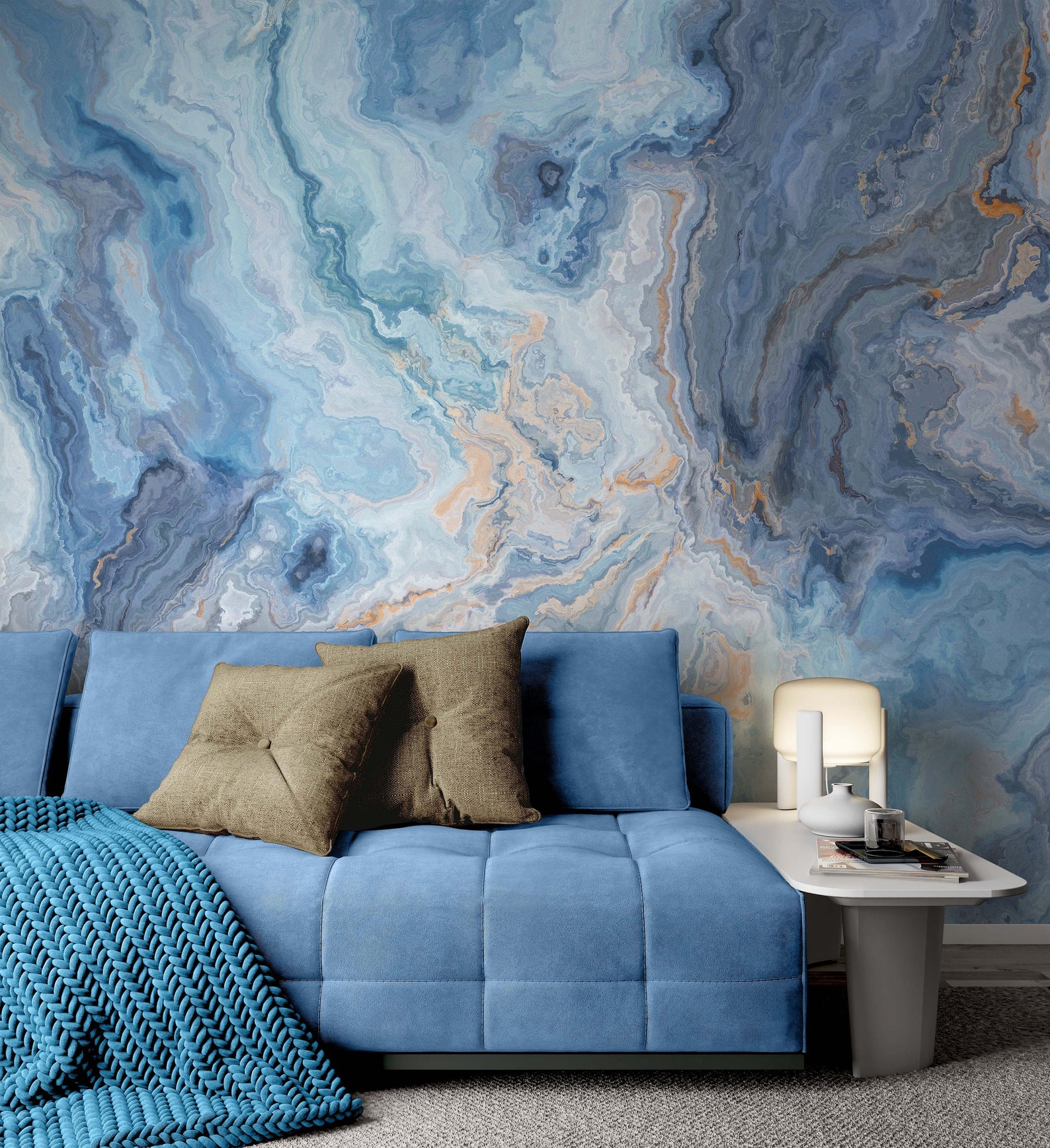 Blue Marble Pattern With Curly Grey and Golden Look Veins | Etsy