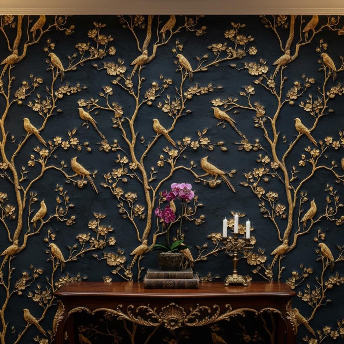 Golden Look Birds Wallpaper Classic Peel and Stick Elegant Wall Mural ...