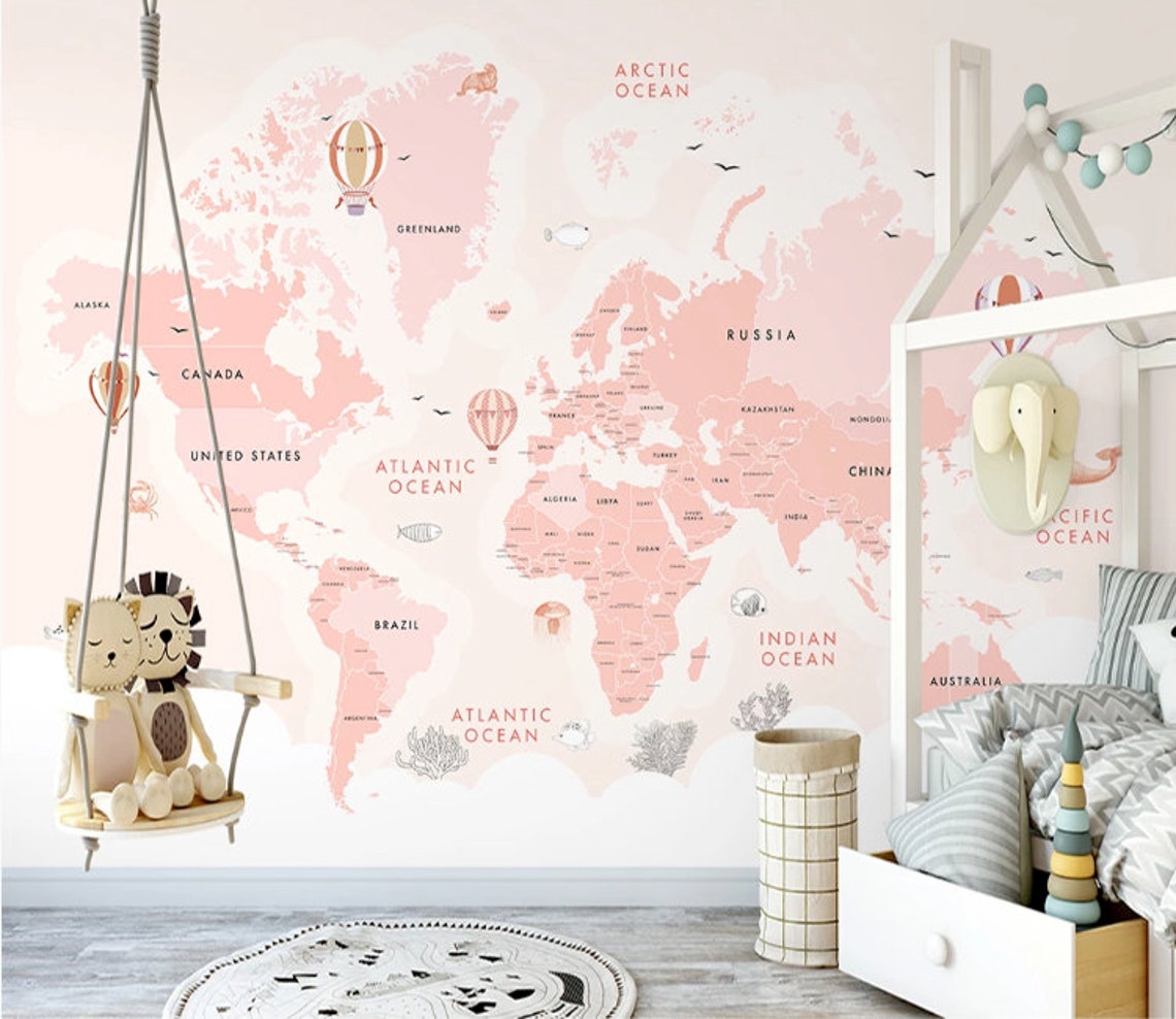 Pink World Map Background Wallpaper Self Adhesive Peel and - Etsy Canada