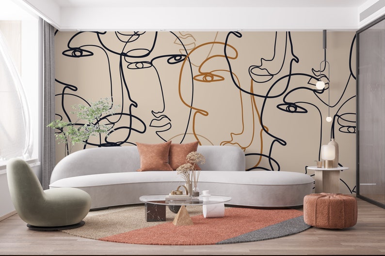 Facial Expression Wallpaper Line Art Wall Decor Minimalist Peel and ...