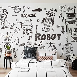 Black and White Robots Posts Funny Wallpaper Self Adhesive Peel and ...