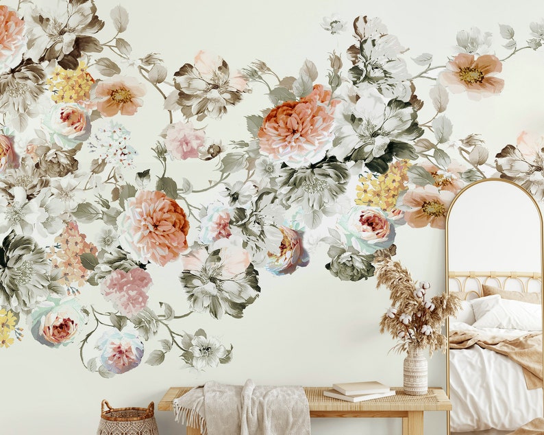 Colorful Roses and Flowers on Tree Branch Luxury Floral Wallpaper Self ...