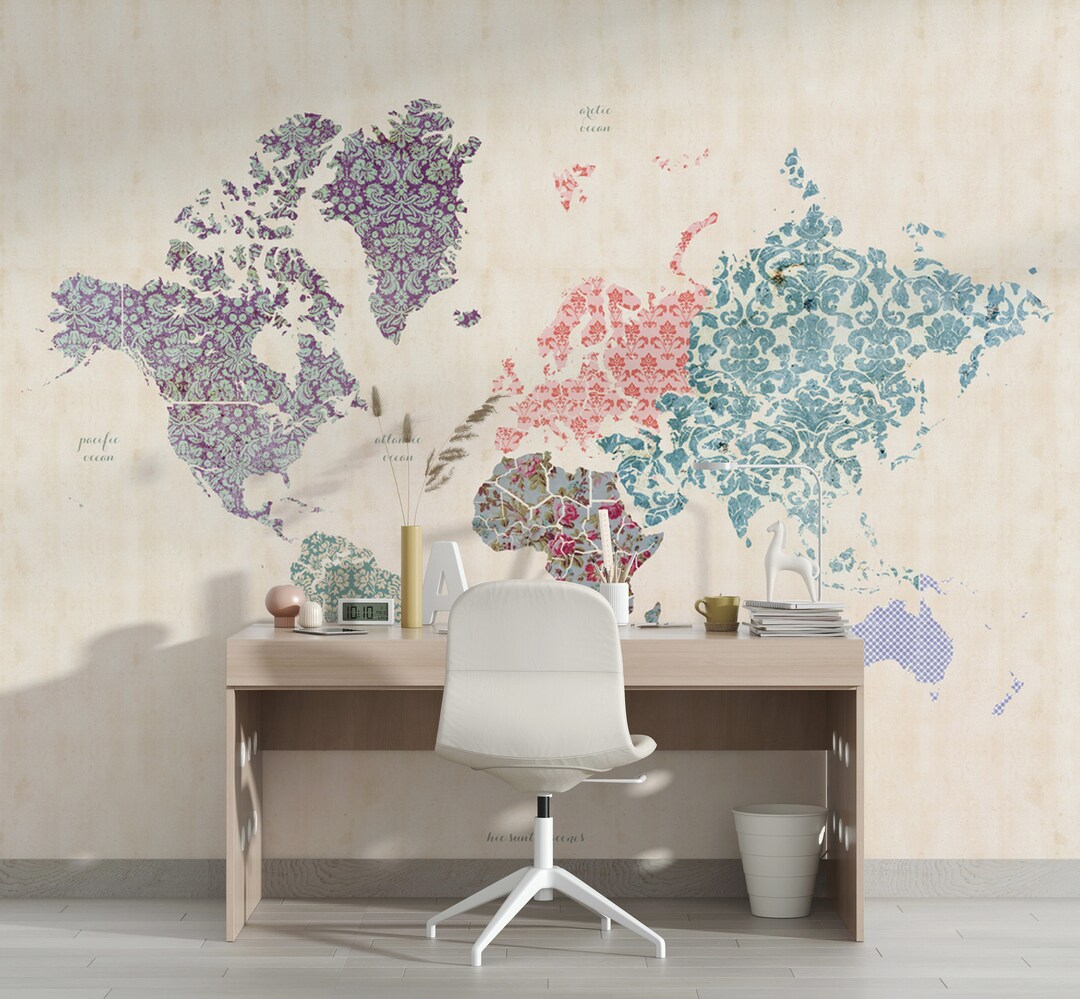 World Map Wallpaper Peel&stick Floral Pattern Wall Mural - Etsy