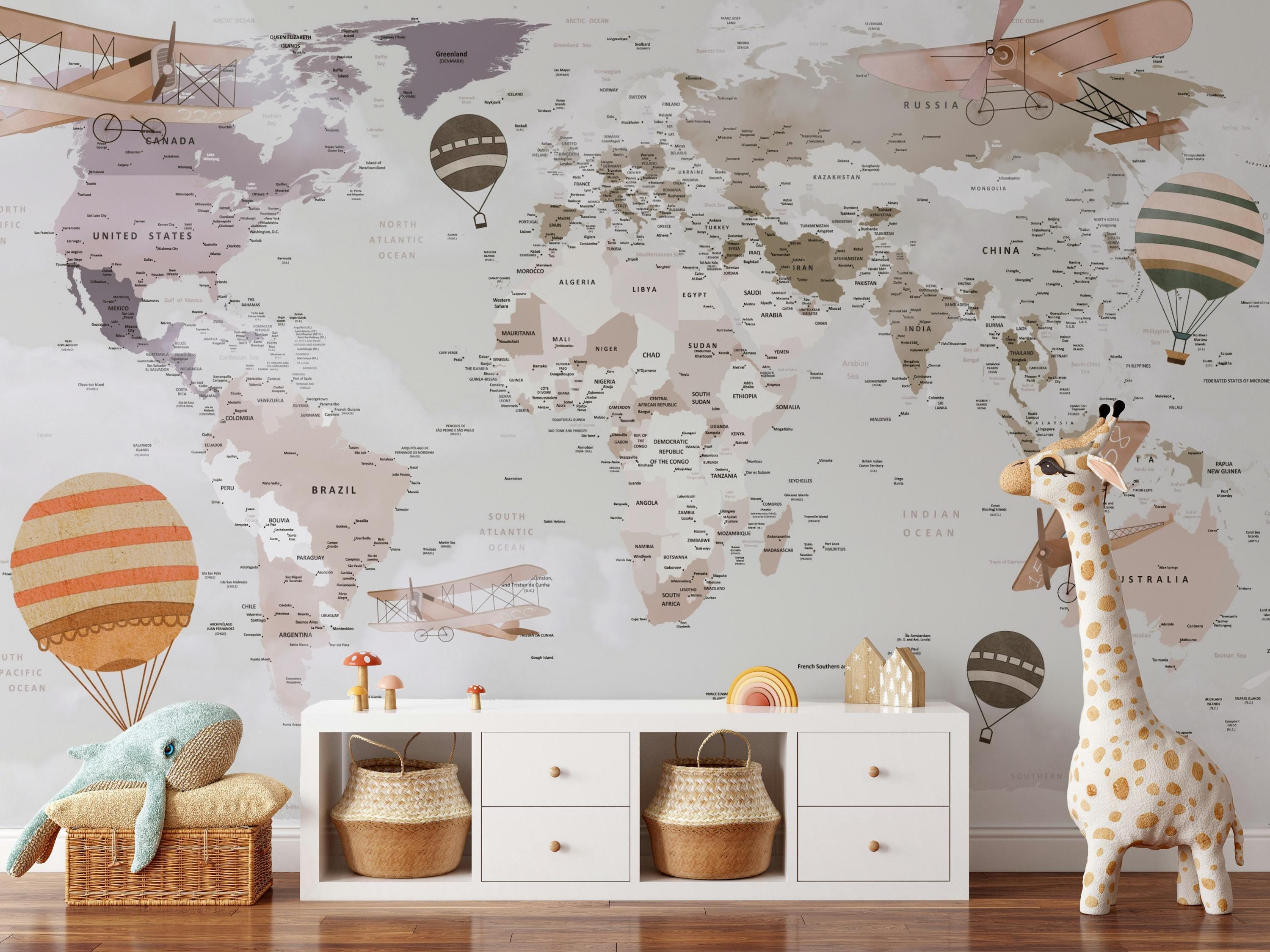 Air Balloons and Small Planes World Map Wallpaper Self Adhesive Peel ...
