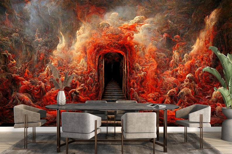 Hell Caves Wallpaper Crimson Wall Mural Fire and Blood Peel and Stick ...