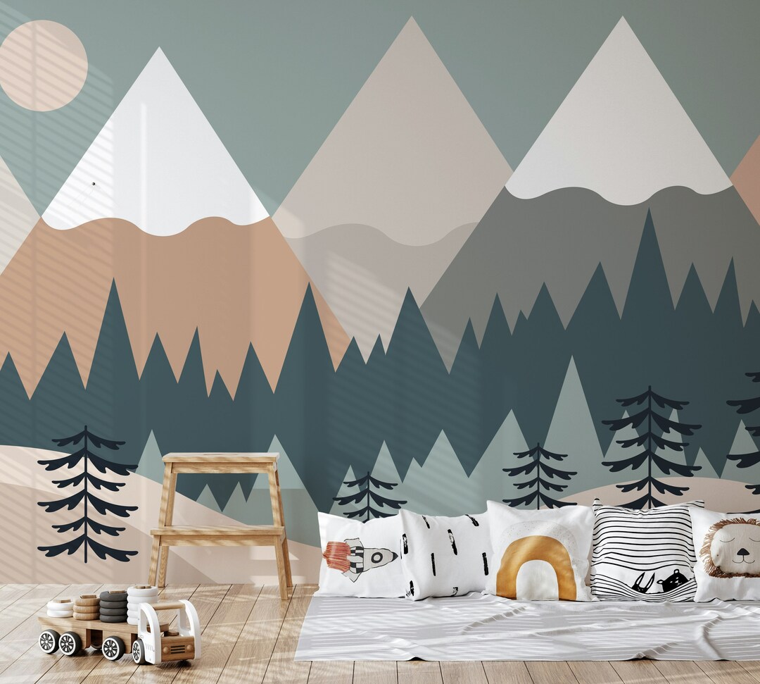 Snowy Mountain Forest Wallpaper Peel and Stick | Minimalistic Wall ...