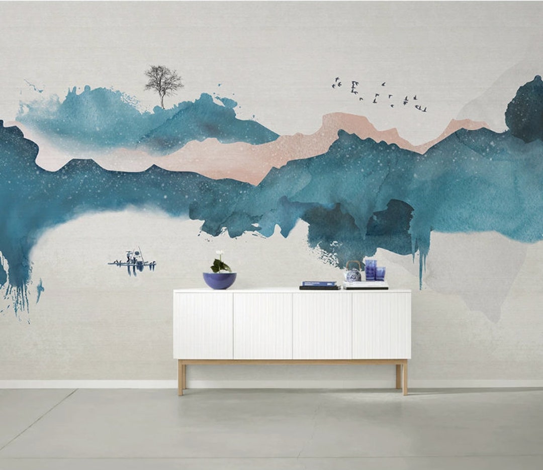 Watercolor Wallpaper Mountain Silhoutte Wall Mural Peel and Stick Wall ...