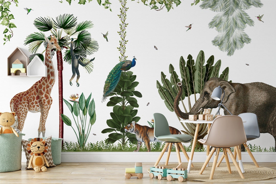 Tropical Plants Giraffe Elephant Peacock Lion Monkey and Birds - Etsy