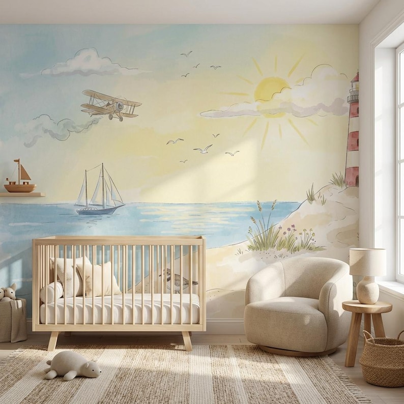 Lighthouse Wallpaper Coastal Scene for Nursery Bedroom - Etsy UK