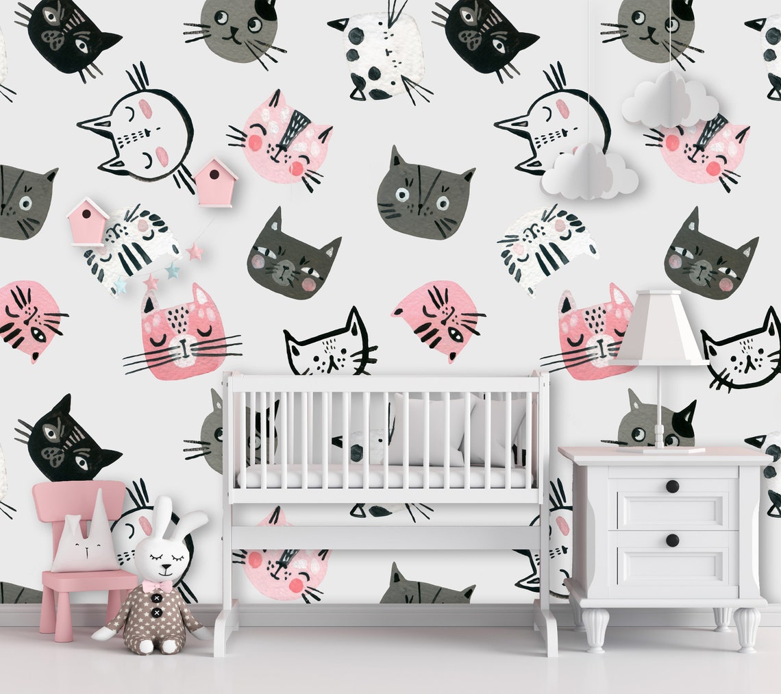 Watercolor Cute Cats Faces Wallpaper Self Adhesive Peel and | Etsy