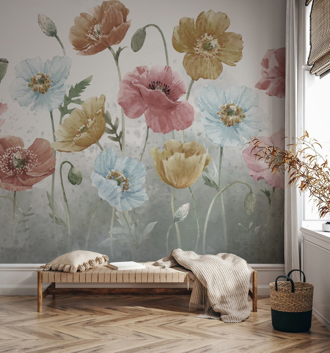 Poppy Flower Wallpaper Summer Floral Wall Decor Soft Toned Peel and ...