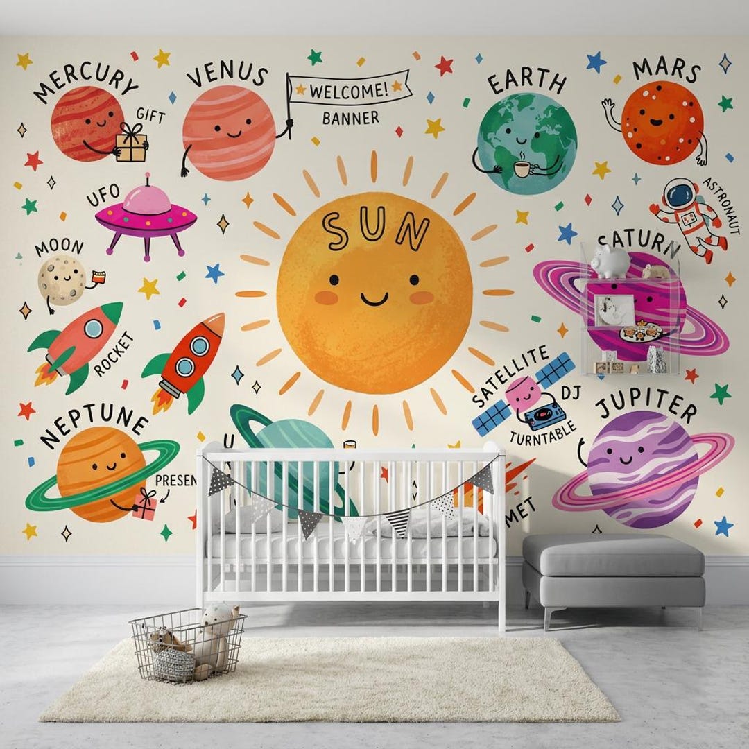 Solar System Wallpaper Space Peel and Stick Cute Cartoon Wall Mural ...