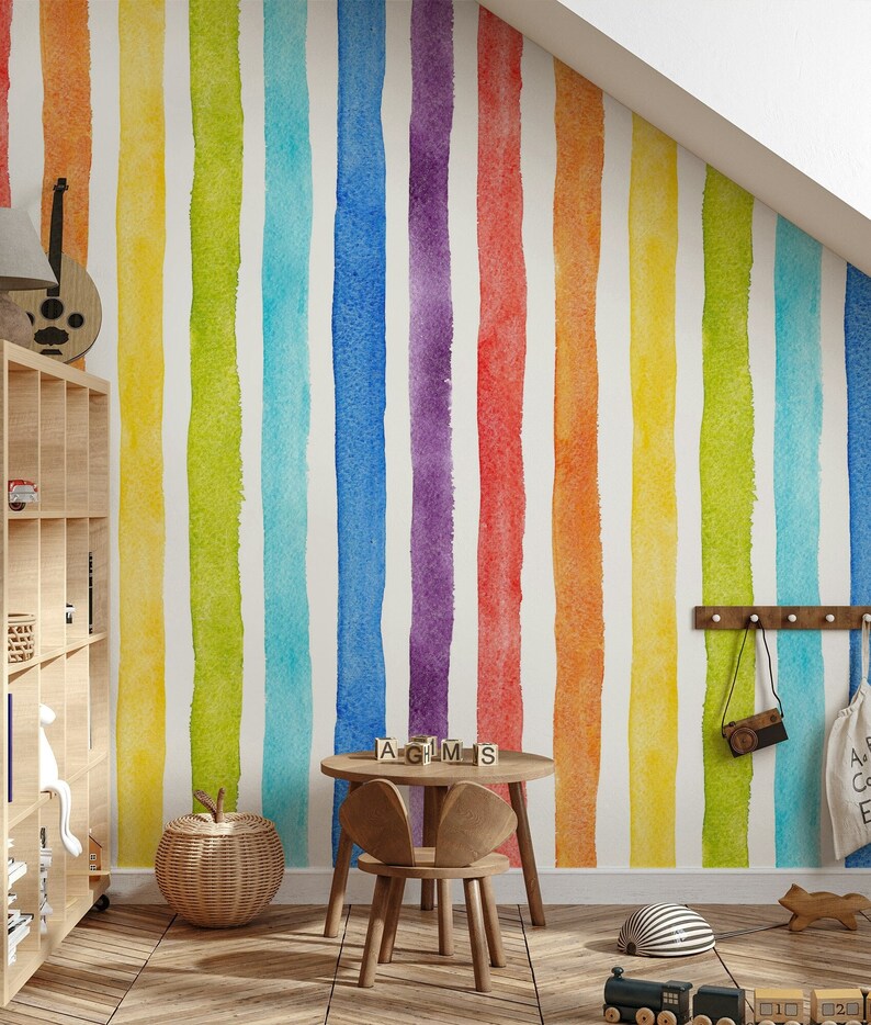 Rainbow Stripes Wallpaper: Watercolor Peel and Stick Removable Wall ...