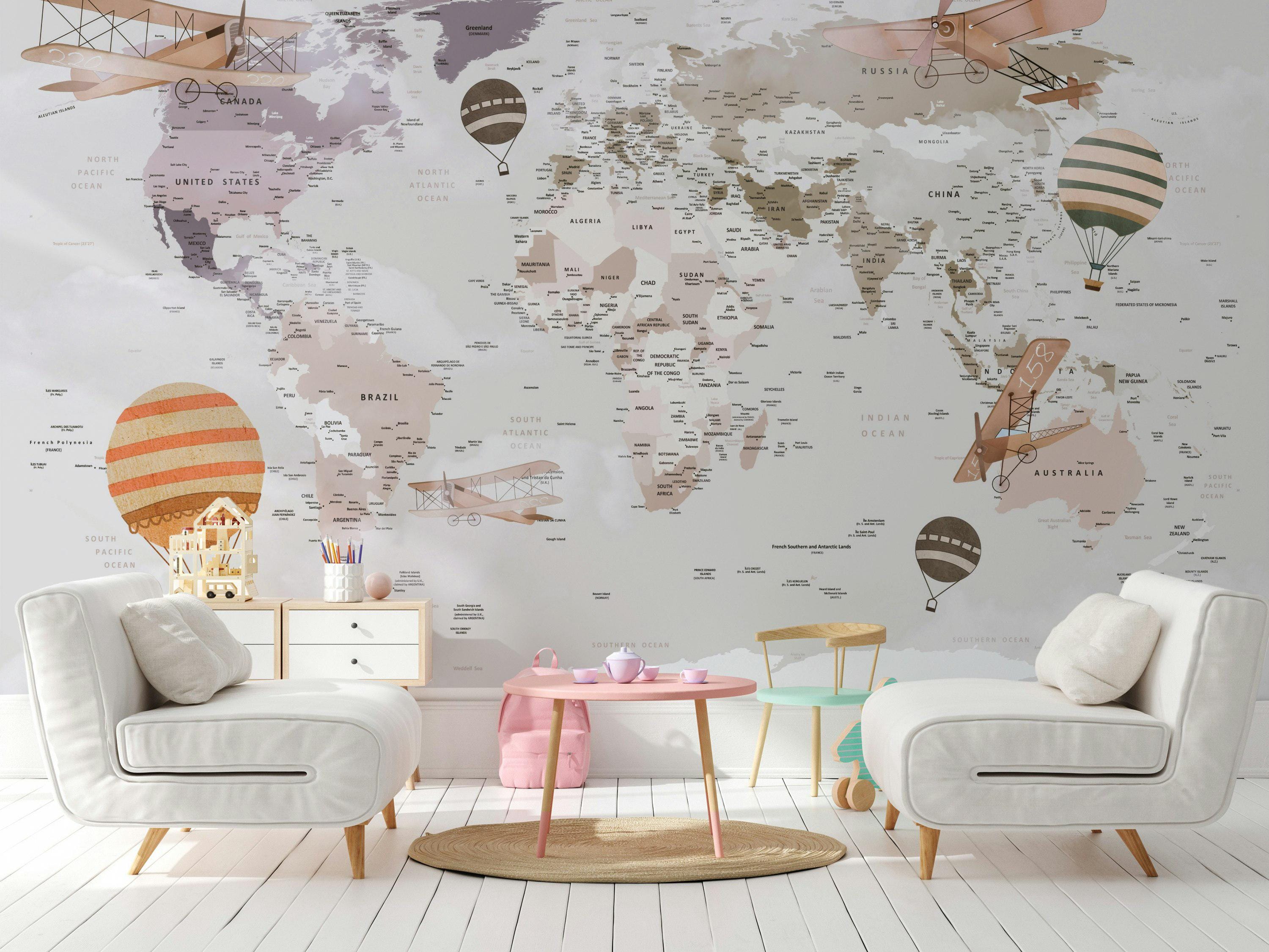 Air Balloons and Small Planes World Map Wallpaper Self Adhesive Peel ...