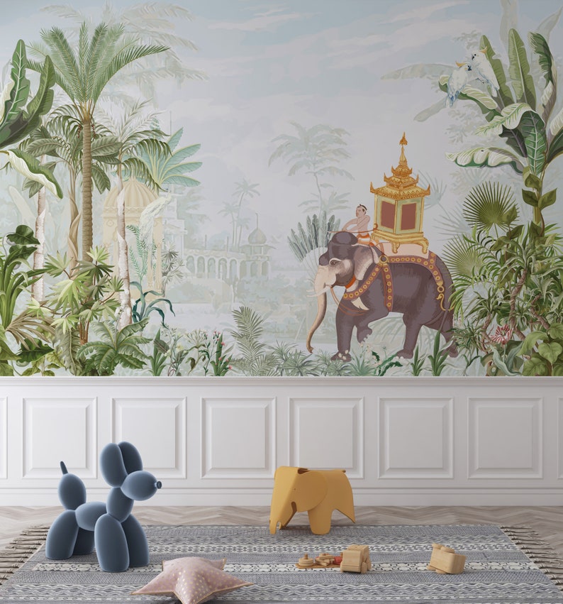 Indian Wallpaper Peel and Stick | Elephant Wall Mural | Tropical Plants ...