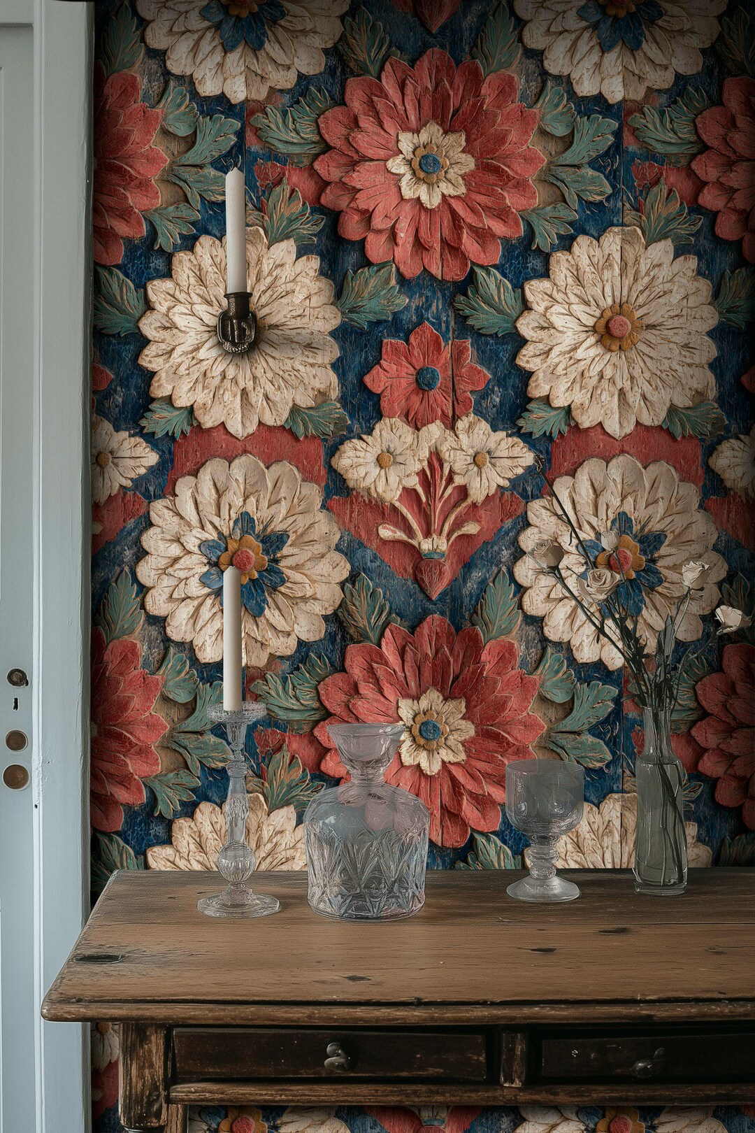 Rustic Floral Wallpaper Carved Wood Wall Mural Boho Red and Blue Peel ...