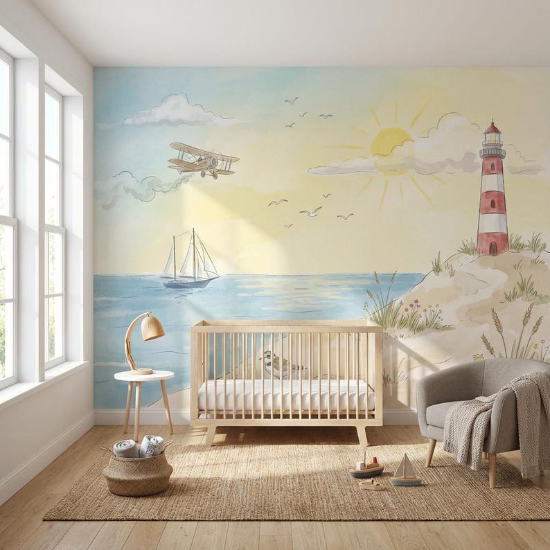 Lighthouse Wallpaper Coastal Scene for Nursery Bedroom - Etsy UK