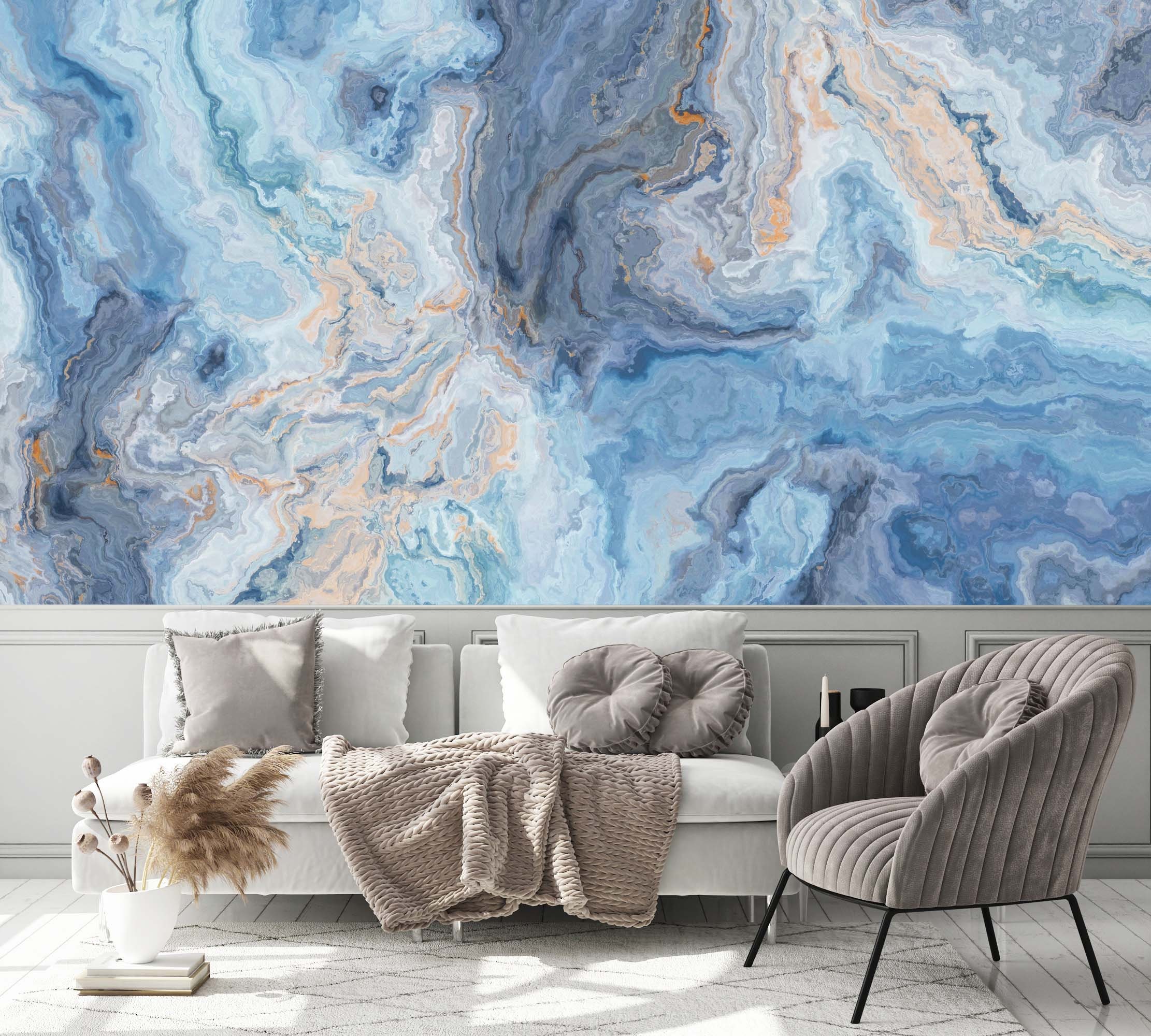 Blue Marble Pattern With Curly Grey and Golden Look Veins | Etsy