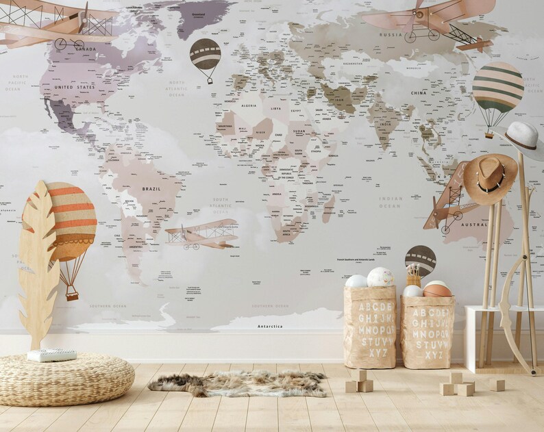 Air Balloons and Small Planes World Map Wallpaper Self Adhesive Peel ...