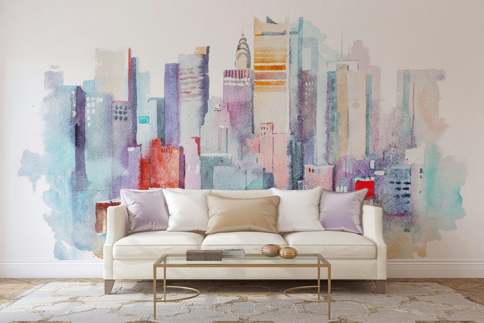 Colorful Skyscraper City Watercolor Modern Wallpaper Self Adhesive Peel ...