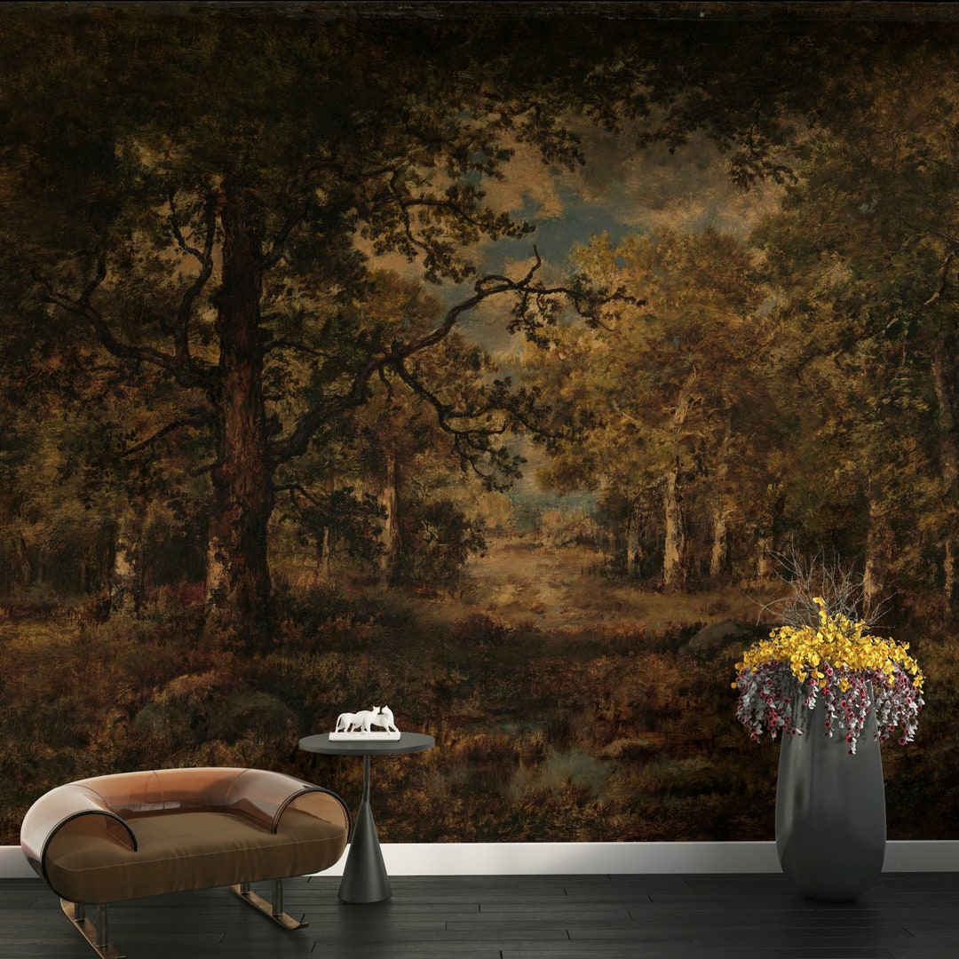 Dark Forest Landscape Wallpaper Vintage Painterly Style Lush Trees ...