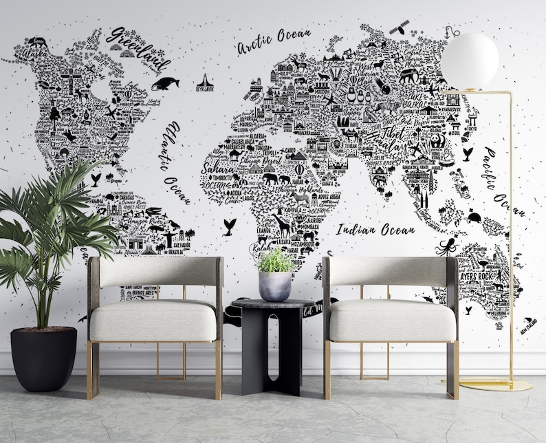 Typography Black White Modern Luxury World Map Wallpaper Self - Etsy