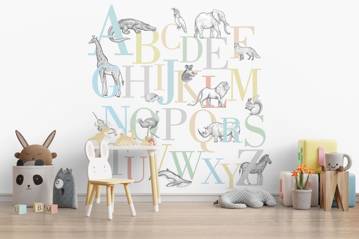 Colorful Alphabet Letter Hand Drawing Animals Wallpaper Kids - Etsy