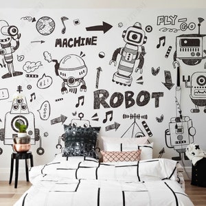 Black and White Robots Posts Funny Wallpaper Self Adhesive - Etsy